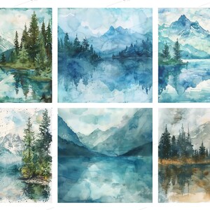 Watercolor Alpine Lakes Backgrounds, Watercolour Wash Digital Paper ...