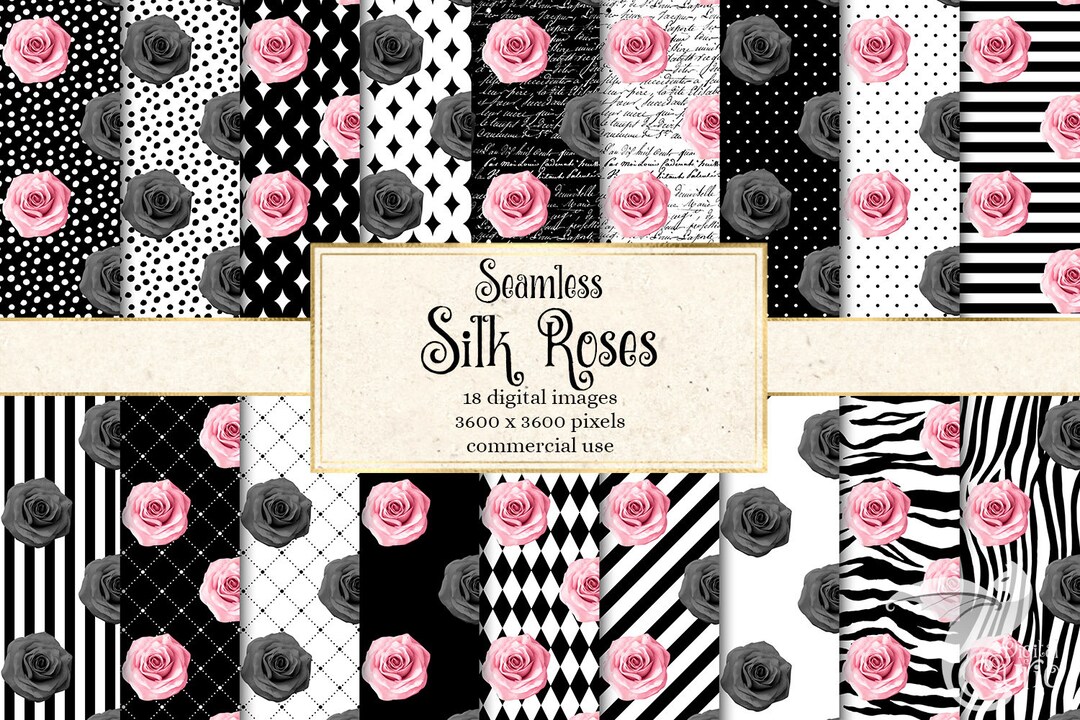 Pink and Black Rose Digital Paper, Seamless Floral Backgrounds (digital ...