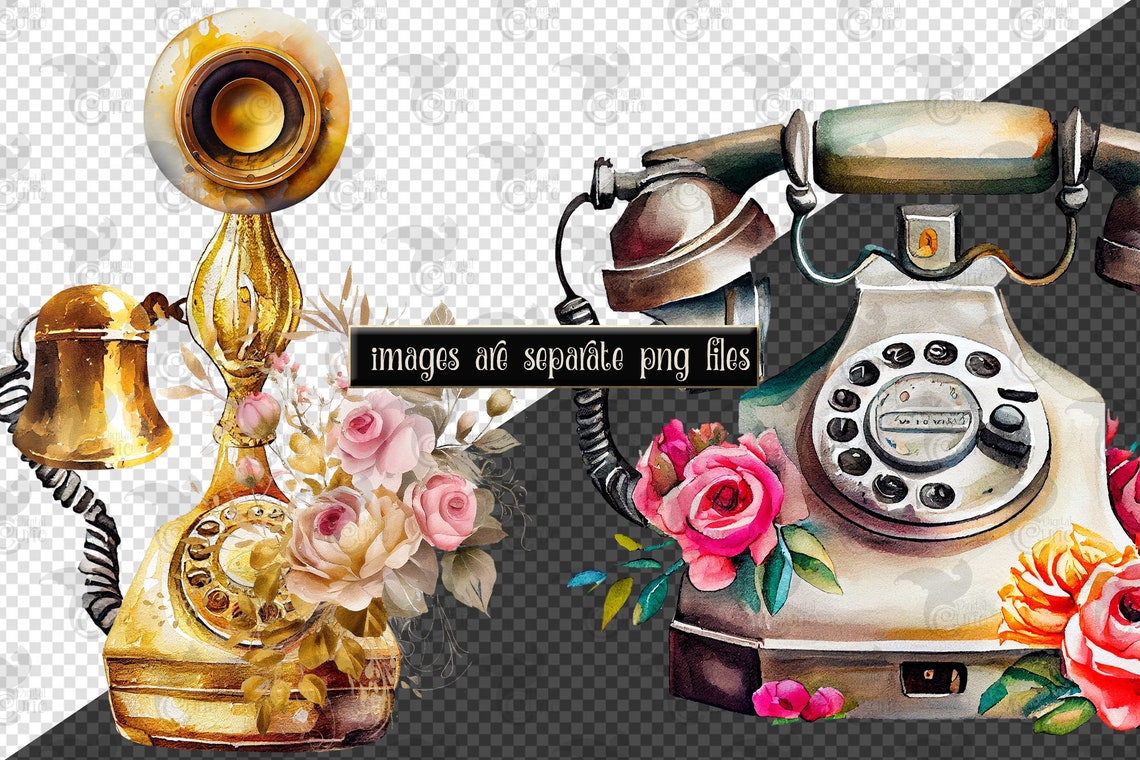 Watercolor Antique Telephones Clipart – Floral Shabby Phone PNG ...