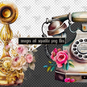 Watercolor Antique Telephones Clipart - Vintage Floral Shabby Phone PNG ...
