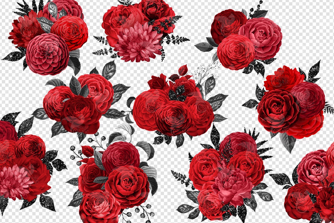 Red and Black Floral Bouquets Clipart Digital Instant - Etsy