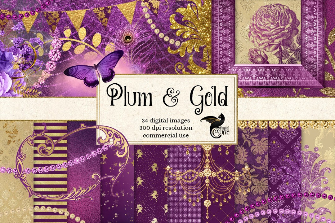 Plum and Gold Digital Scrapbooking Kit, Purple and Gold Clipart and ...