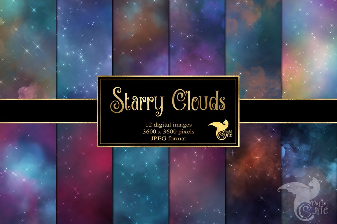 Starry Clouds Digital Paper, Watercolor Clouds Backgrounds, Cloud ...