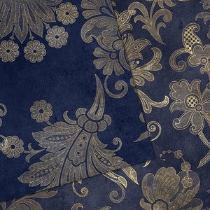 Navy Floral Velvet Digital Paper, Seamless Gold Damask Flower Patterns ...