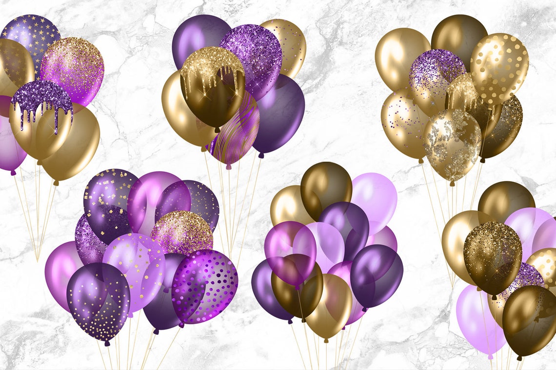 Purple and Gold Balloons Clipart Glitter Balloon Png Digital - Etsy