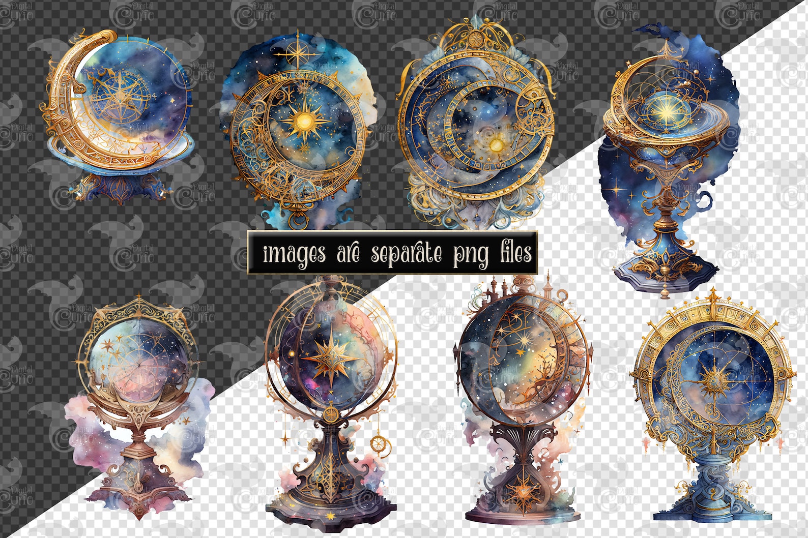 Watercolor Astrolabe Clipart - Fantasy Magic Celestial Watercolor PNG ...
