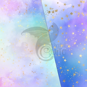 Starry Painted Skies Digital Paper, Gold Stars and Watercolor ...