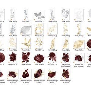 Maroon Silver and Gold Floral Clipart, Rustic Wedding Bouquets and ...