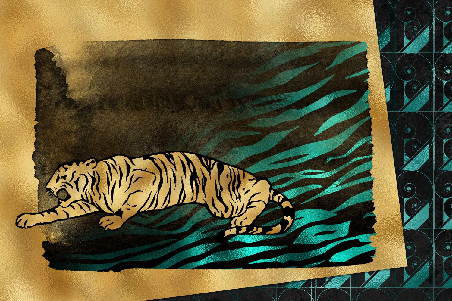Teal and Gold Tiger Digital Paper Seamless Tiger Stripe | Etsy