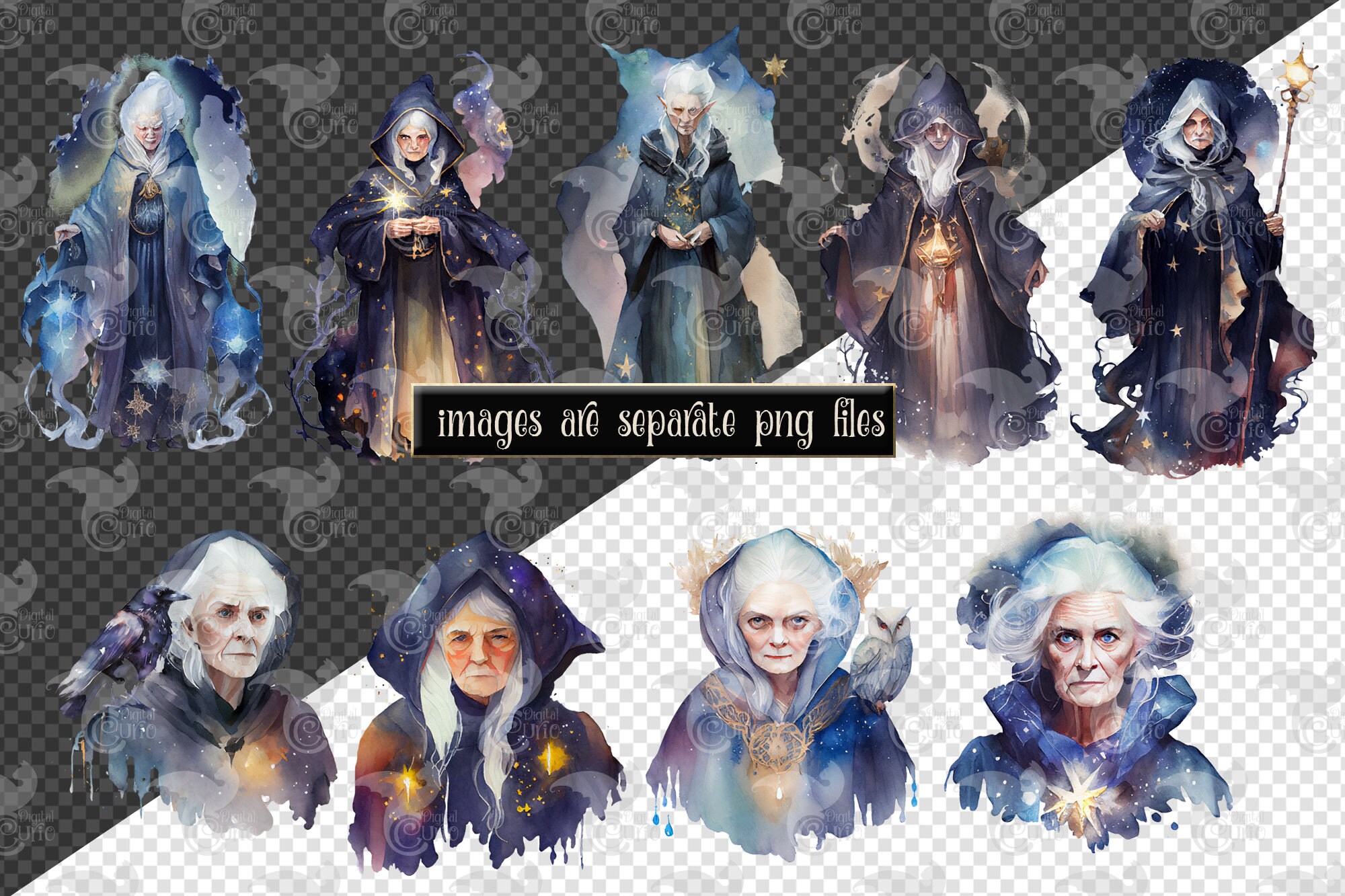 Watercolor Celestial Witches Clipart - Magic Fantasy Watercolor PNG ...