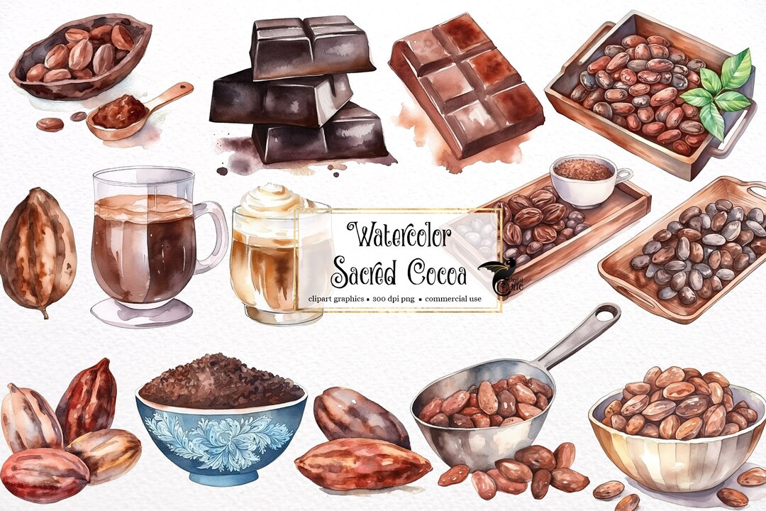 Watercolor Sacred Cacao Clipart - Cocoa and Dark Chocolate Cacao Beans ...