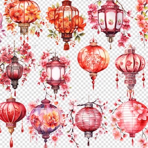 Watercolor Chinese Lanterns Clipart – Cherry Blossom PNG (digital ...