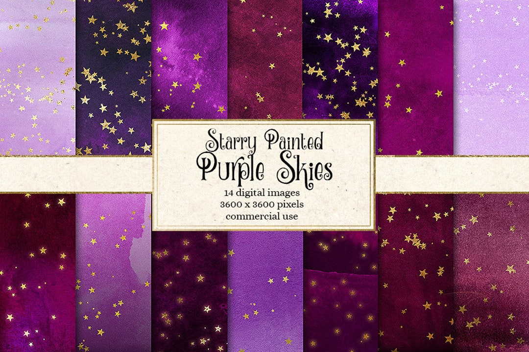 Starry Purple Skies Digital Paper, Gold Stars Watercolor Backgrounds ...