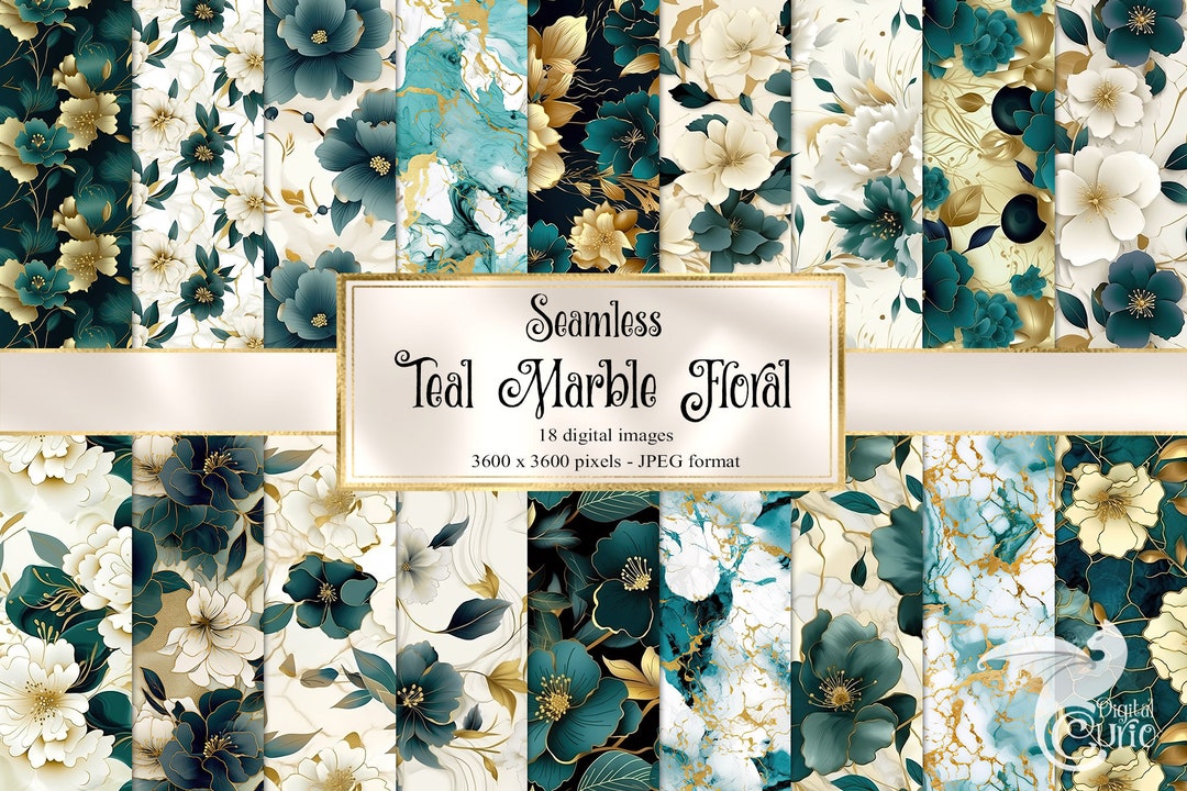 Teal Marble Floral Digital Paper – Seamless Japanese Patterns (digital ...