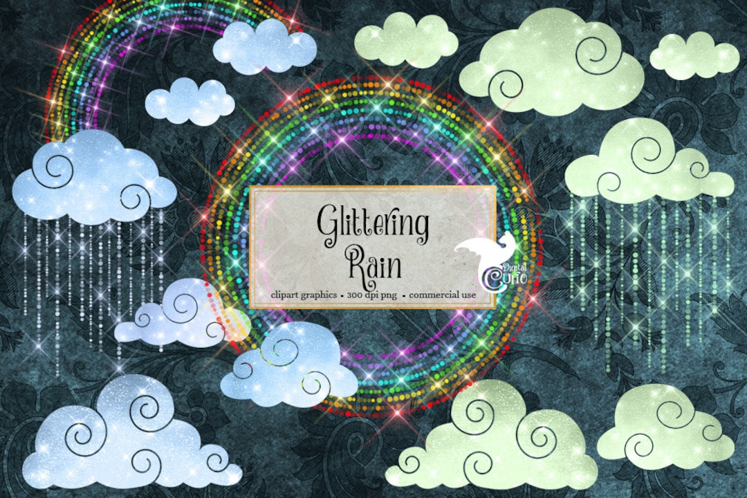 Glittering Rain Clipart, Blue Clouds Clip Art, Mint Raindrops Weather ...