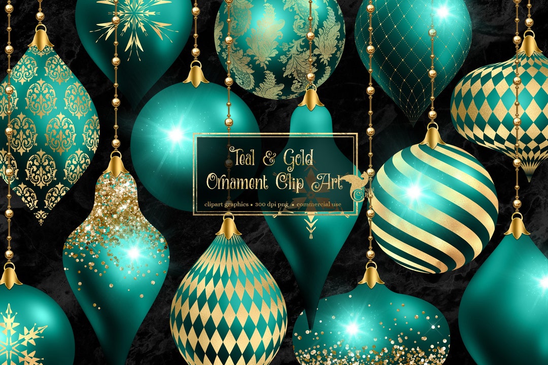 Teal and Gold Christmas Ornaments Clipart, Glitter Baubles (digital ...