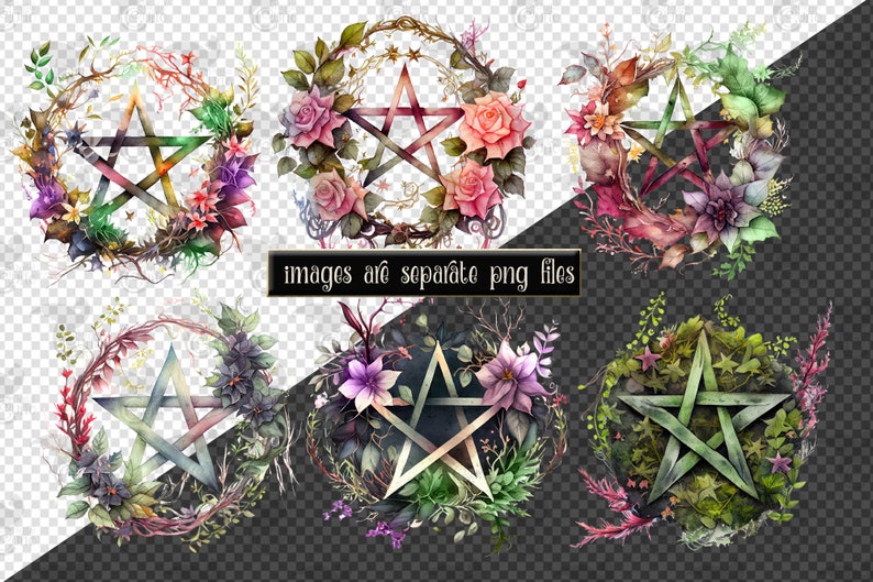 Watercolor Pentagram Clipart - Floral Pentacle PNG Format Instant ...