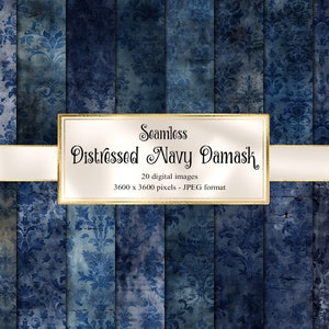 Distressed Navy Damask Digital Paper, Seamless Navy Blue Grunge ...
