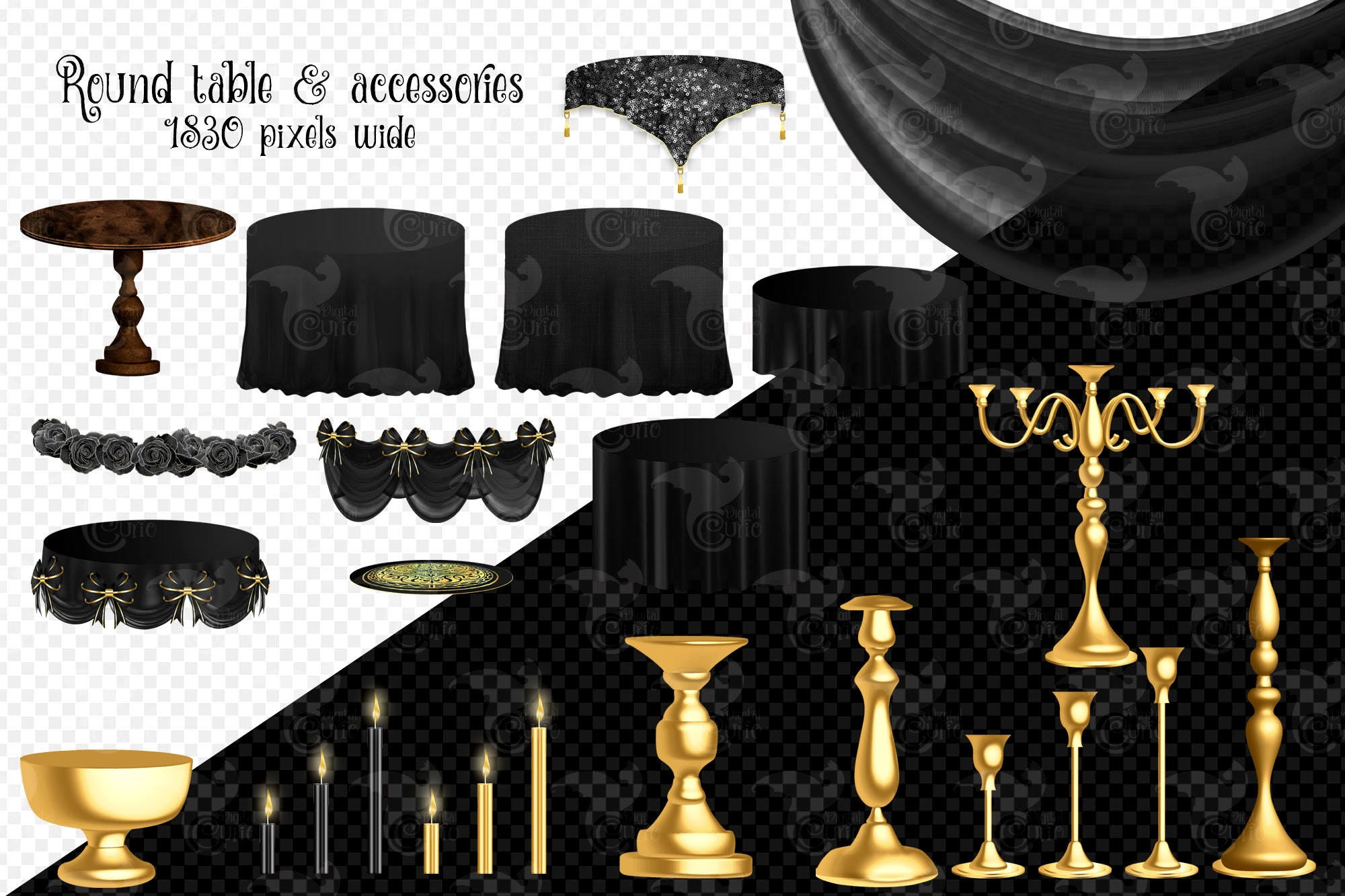 Black and Gold Tables Clipart Digital Wedding Banquet Scene - Etsy