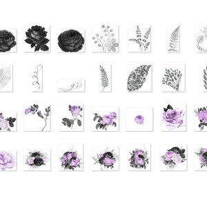 Black Purple and Silver Floral Clipart, Vintage Flower Clip Art Silver ...