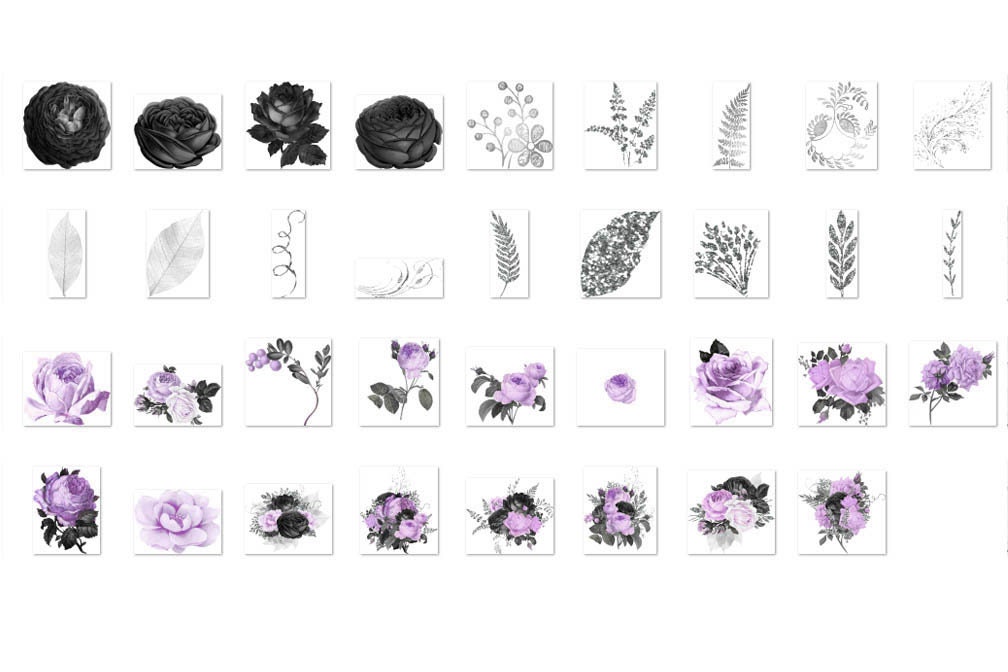 Black Purple and Silver Floral Clipart Vintage Flower Clip - Etsy