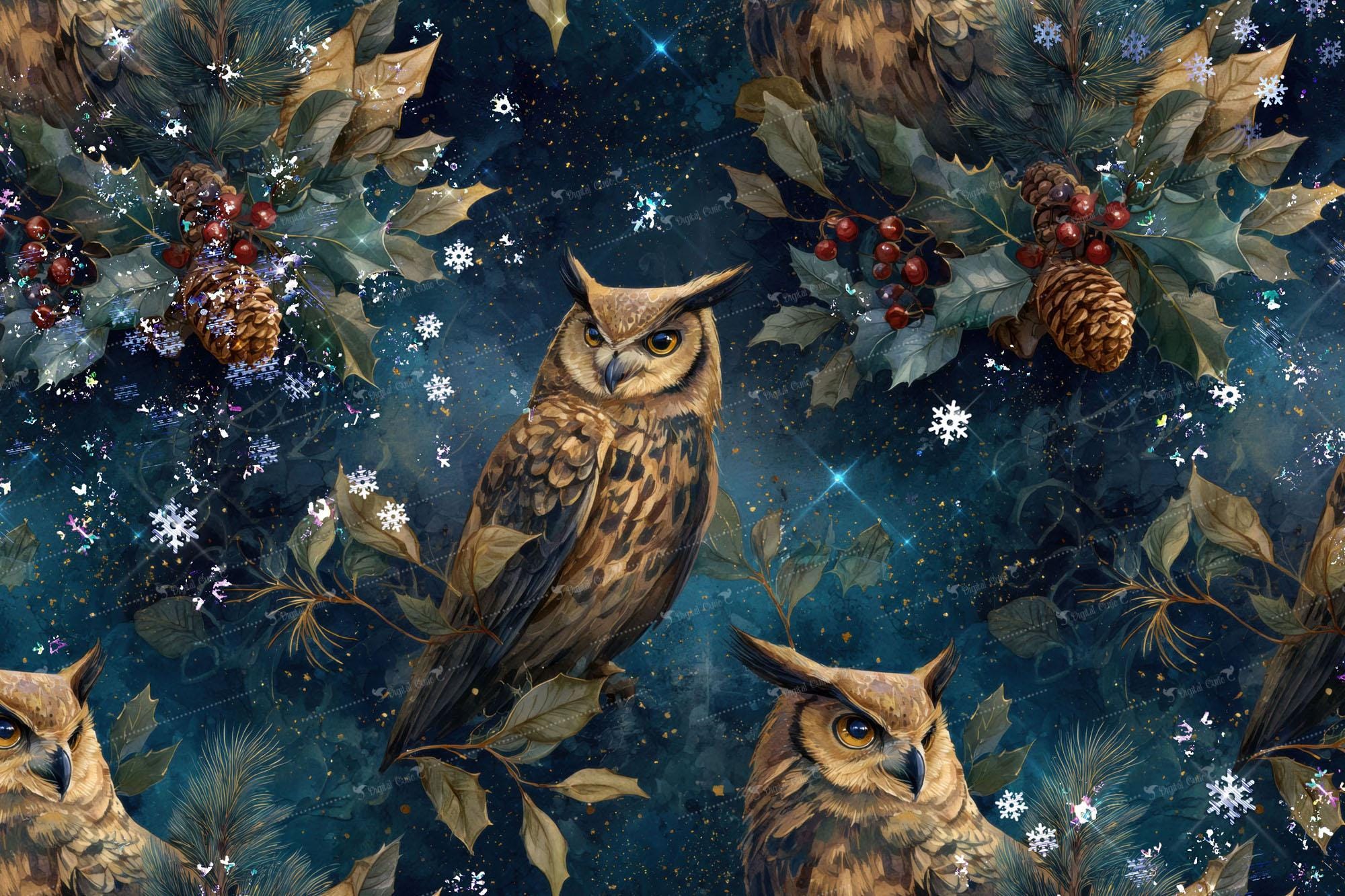 Winter Owls Digital Paper, Celestial Christmas Scrapbook Pages (digital ...