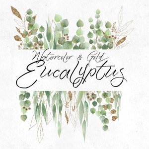 Watercolor Gold Eucalyptus Clipart – Glitter Leaves, Frames (digital ...