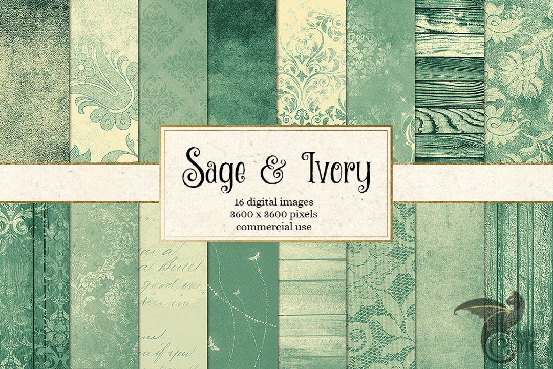 Sage and Ivory Digital Paper, Vintage Grunge Distressed Green and Gold ...
