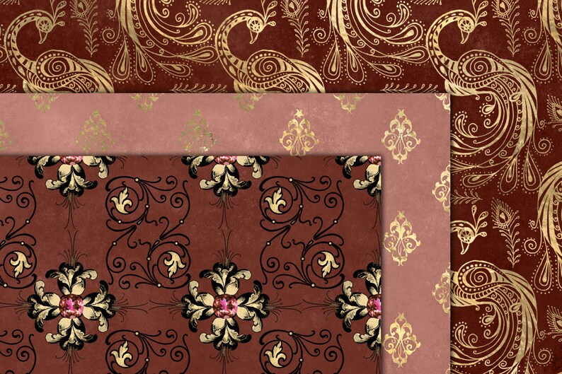 Coral and Gold Peacock Digital Paper, Seamless Patterns (digital ...