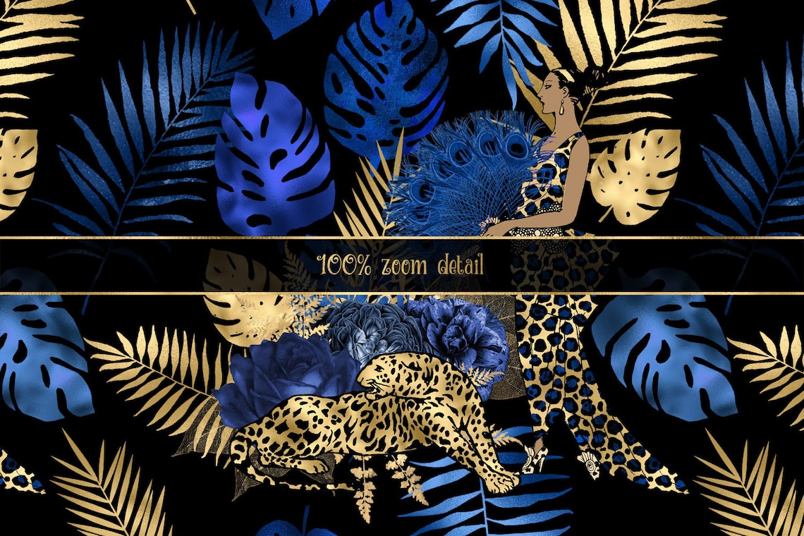 Royal Blue and Gold Leopard Print, Seamless Animal Pattern (digital ...