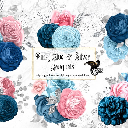 Teal and Silver Floral Clip Art Rustic Silver Glitter - Etsy