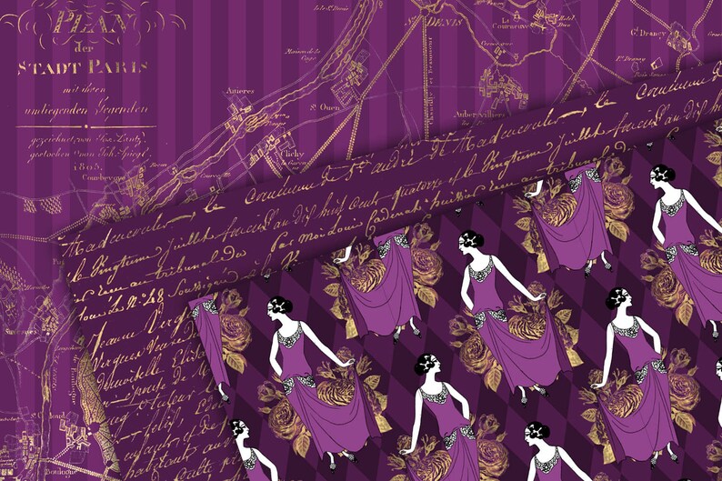Purple and Gold Paris Digital Paper, Eiffel Tower, Fleur De Lis ...