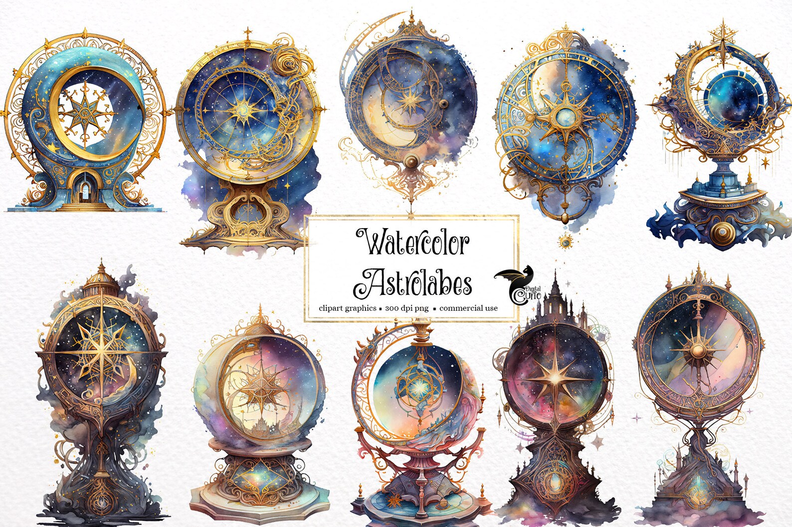 Watercolor Astrolabe Clipart - Fantasy Magic Celestial Watercolor PNG ...