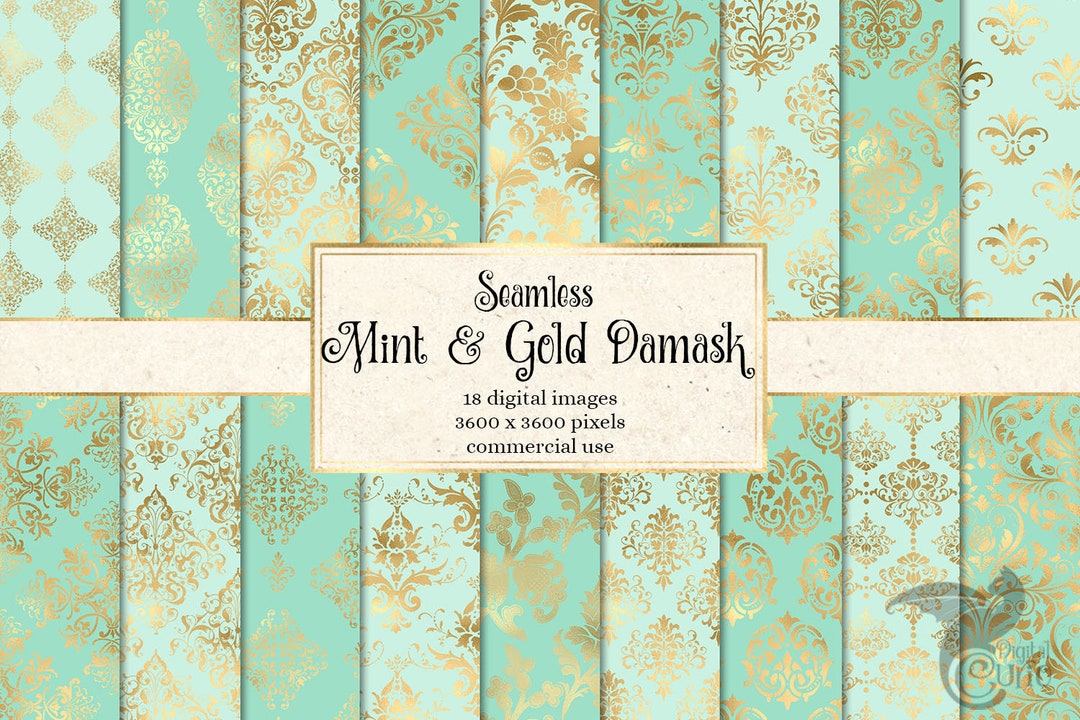 Mint and Gold Damask Digital Paper, Seamless Damask Patterns Printable ...