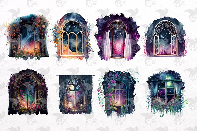 Watercolor Night Windows Clipart Floral Fantasy Cottage - Etsy