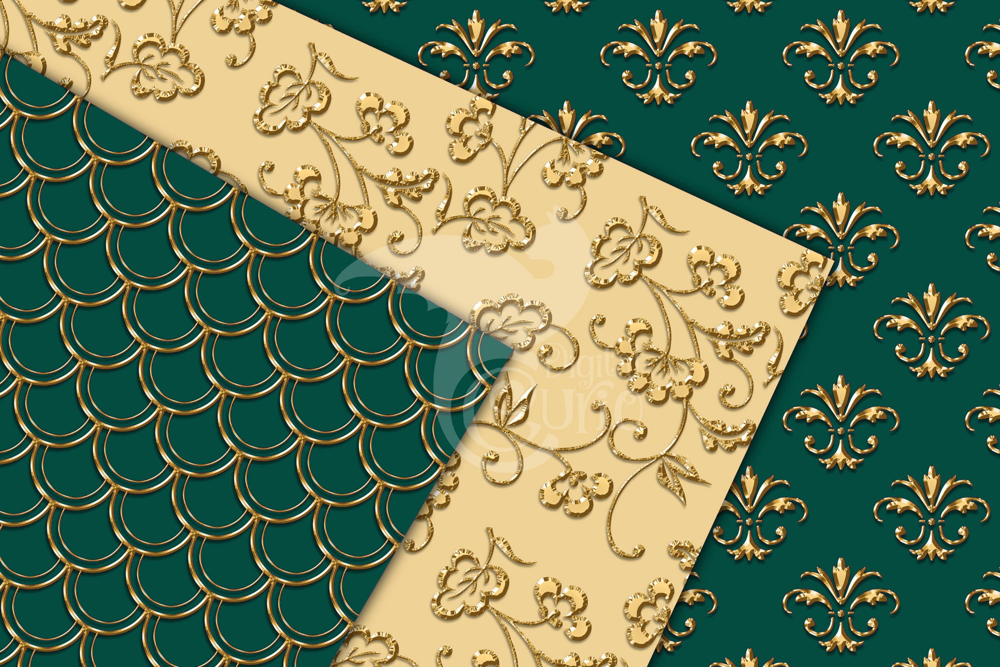 Teal and Gold Damask Digital Paper, Ornate Scrapbook Patterns (digital ...