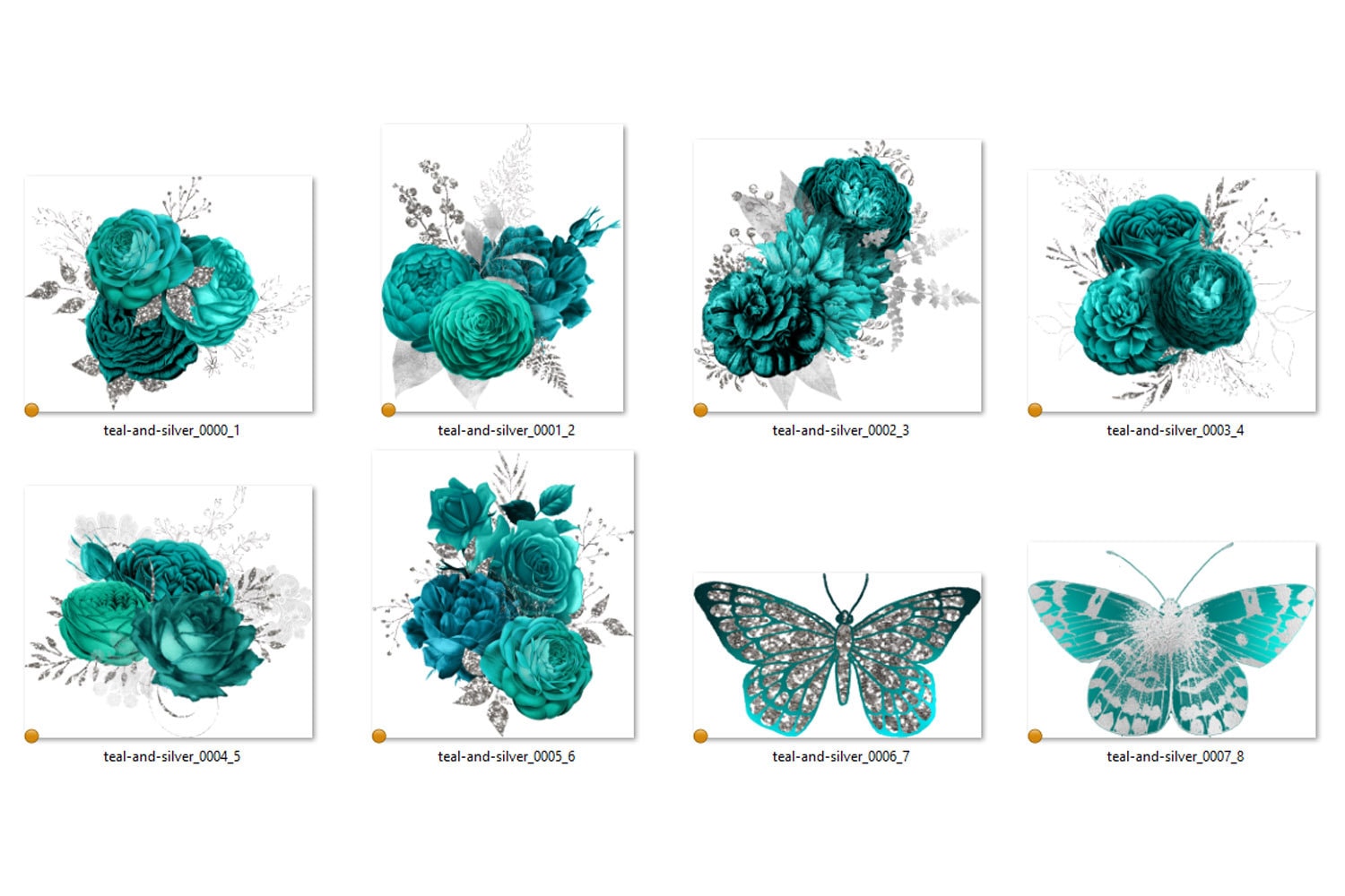 Teal and Silver Floral Clip Art Rustic Silver Glitter - Etsy