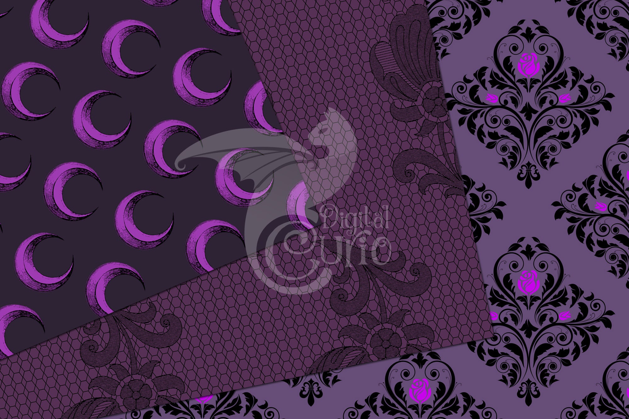 Purple Gothic Digital Paper Seamless Skull Damask Halloween | Etsy