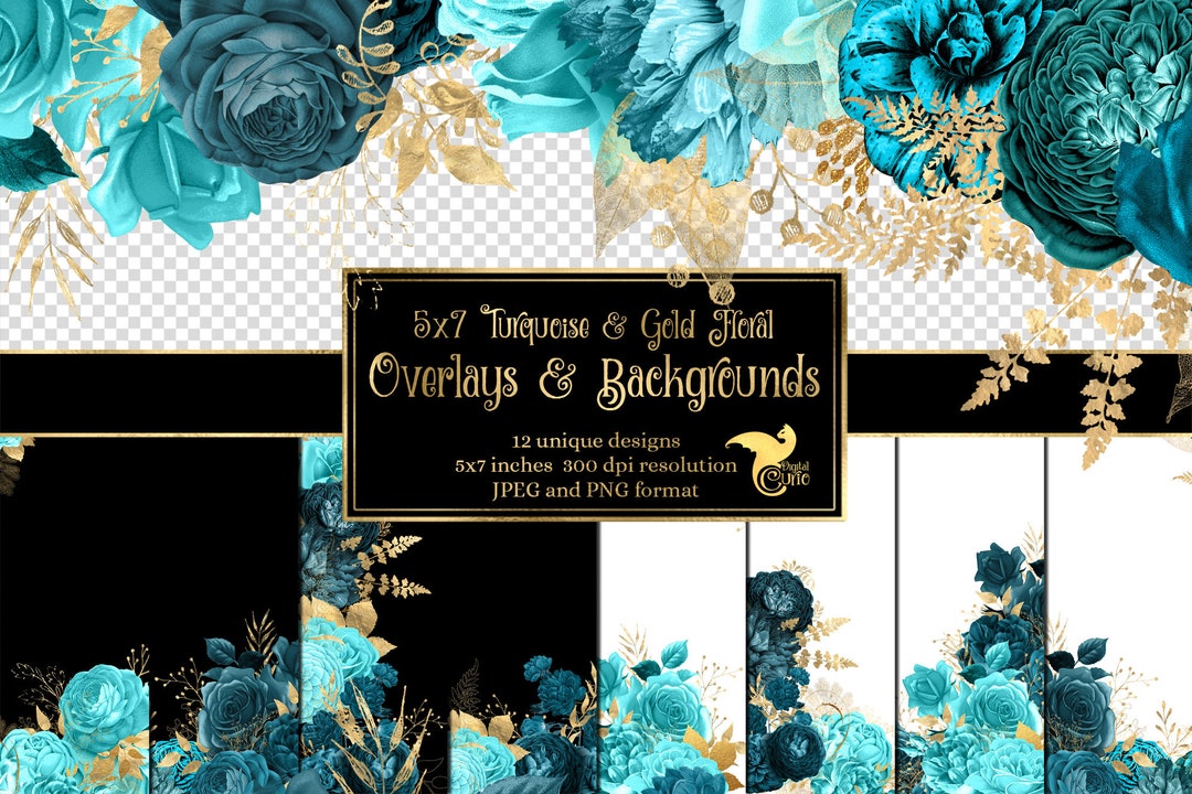 Turquoise and Gold Floral Overlays, Vintage Flower Clipart (digital ...