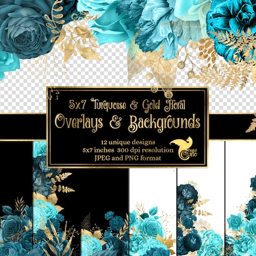 5x7 Turquoise and Gold Floral Overlays for Invitations - Etsy