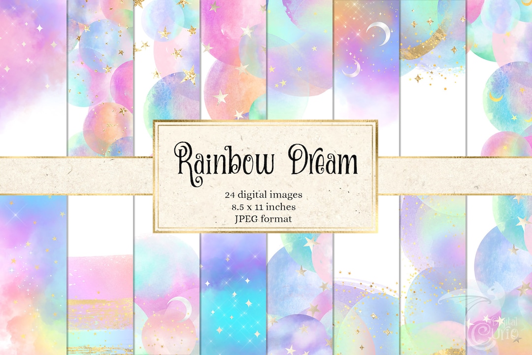 Rainbow Dream Digital Paper - Printable Moon and Stars Backgrounds in ...