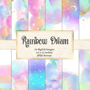 Rainbow Dream Digital Paper - Printable Moon and Stars Backgrounds in ...