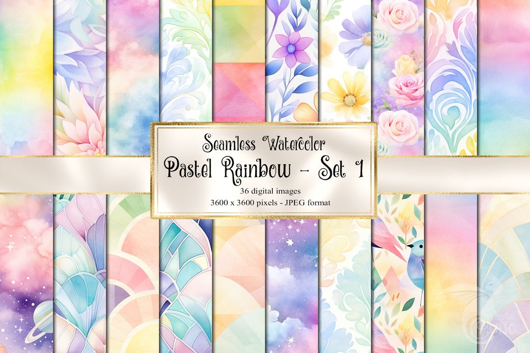 Watercolor Rainbow Pastel Patterns, Set 1 - Seamless Digital Paper ...