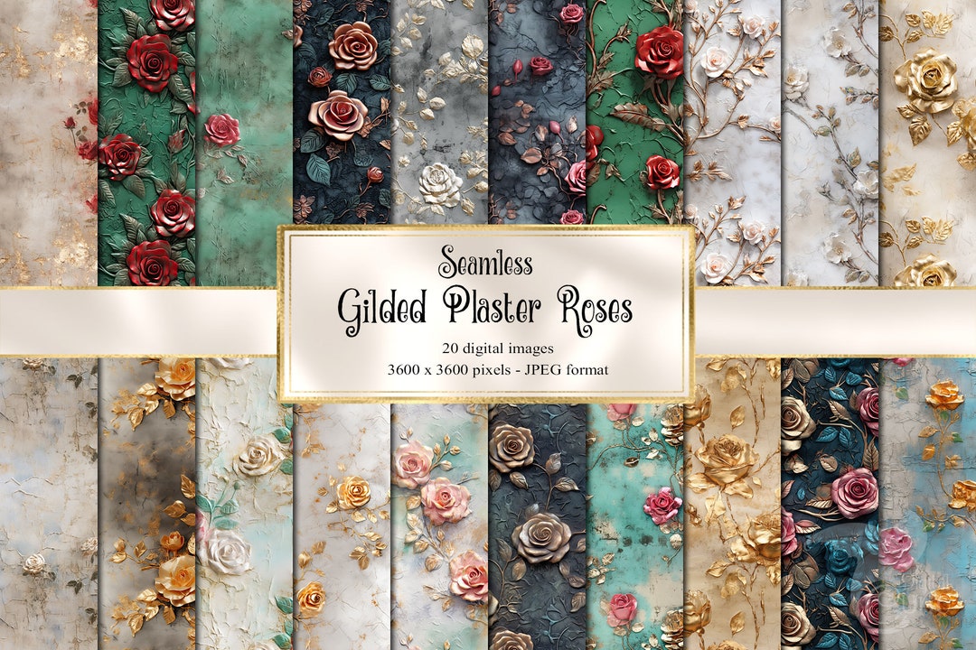 Gilded Plaster Roses Digital Paper, Seamless Rustic Fantasy Wall ...