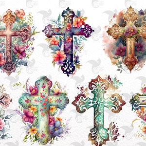 Watercolor Crosses Clipart - Floral Cross PNG Format Instant Download ...