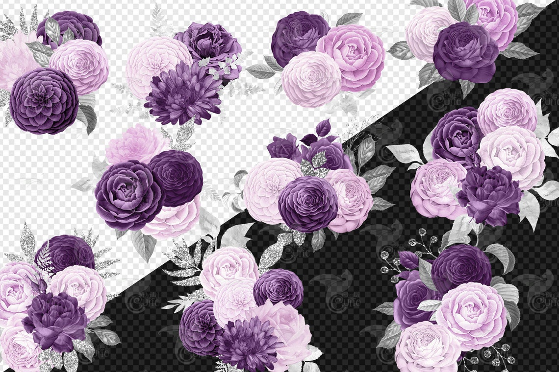 Purple and Silver Floral Bouquets Clipart Digital Instant - Etsy