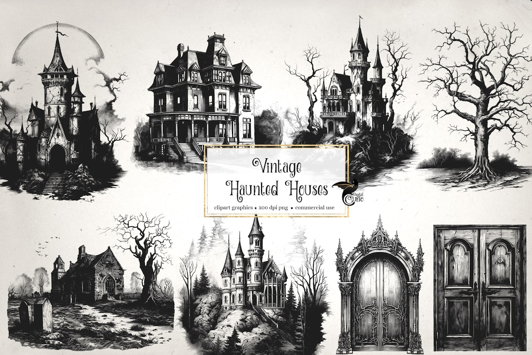 Vintage Haunted Houses Clipart, Antique Witch House Halloween Clip Art ...