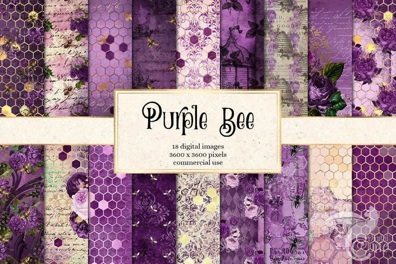 Purple Bee Digital Paper - Vintage Ephemera Scrapbook Backgrounds ...