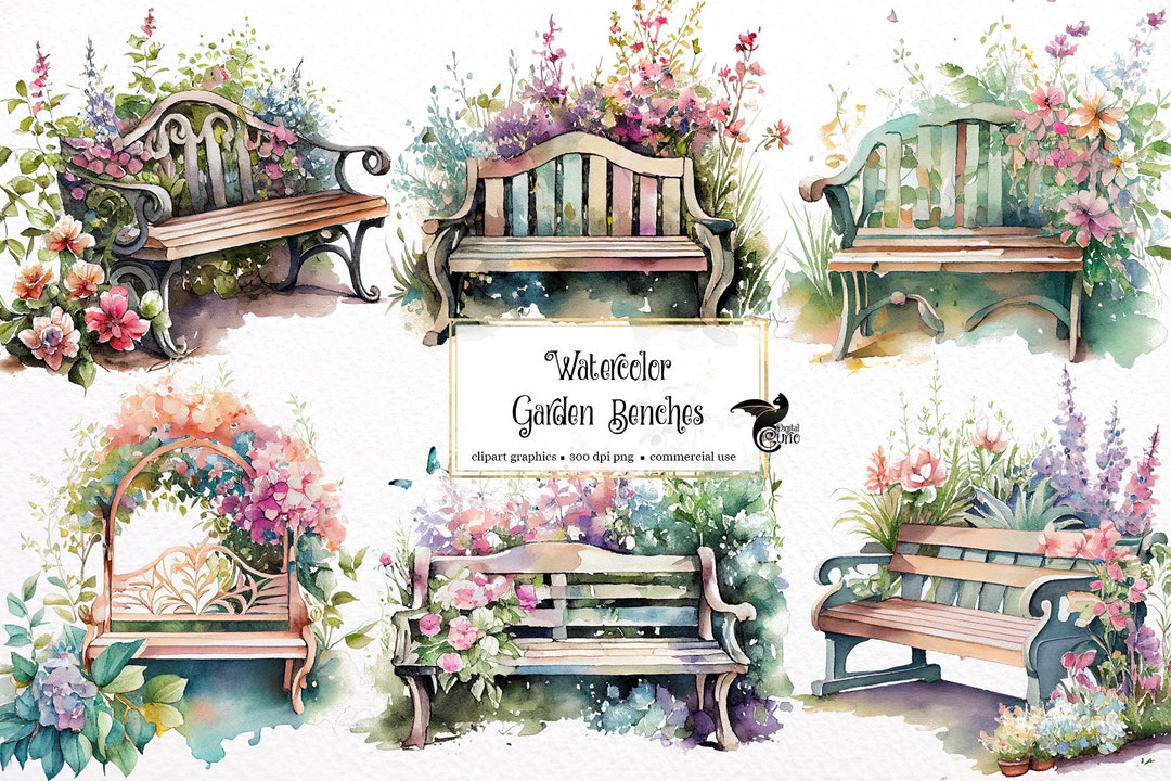 Watercolor Garden Benches Clipart - Park Bench PNG Format Instant ...