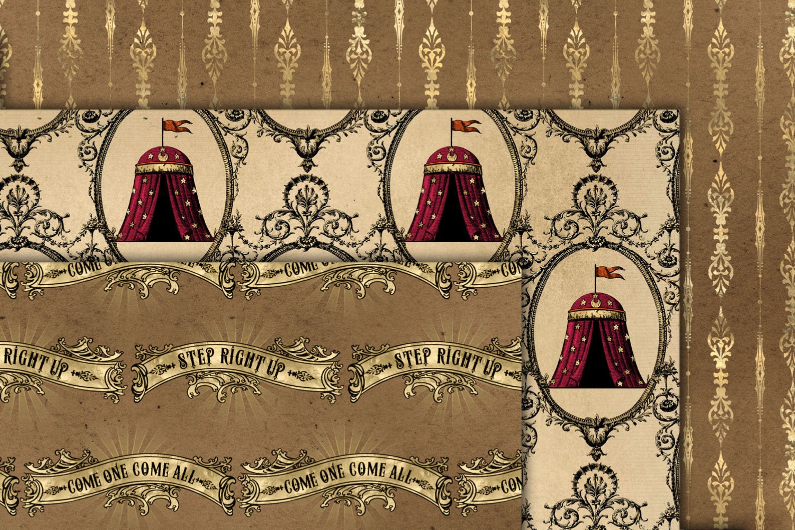 Golden Circus Digital Paper, Seamless Printable Circus Backgrounds Moon ...